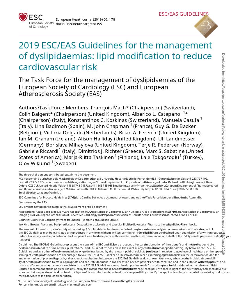 2019 ESCEAS Guidelines for the management of dyslipidaemias: lipid ...